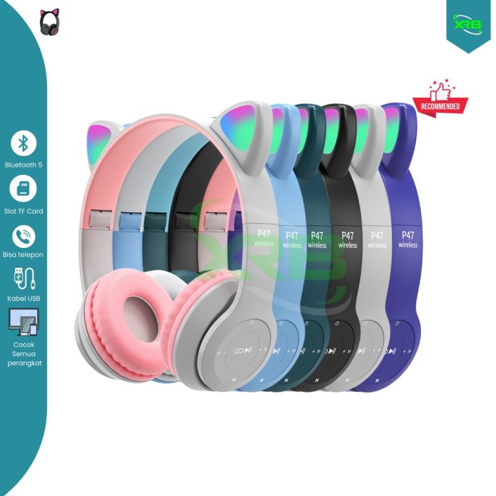 Headset Headphone Bluetooth model kucing LED Wireless Light kuping ...