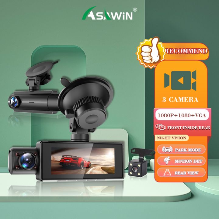 Asawin T3 3 Channels Dash Cam 3 Ways Car Camera Front And Rear Inside 3 ...