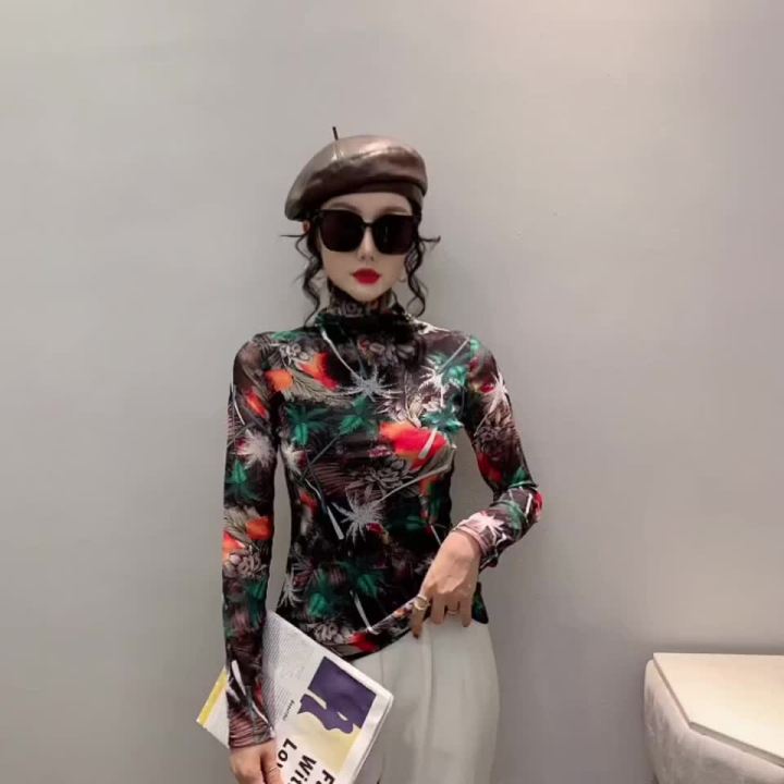 HZM 2024เสื้อยืดแฟชั่นอินเทรนด์แขนยาวเสื้อเชิ้ตตัวเล็กเสื้อสตรีต่ำฤดูใบไม้ร่วงของผู้หญิงแขนยาว ...