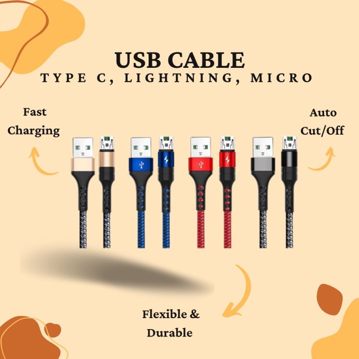 [FAST & AUTO] USB Cable Wire Charging 1 Meter Type C Micro Lightning ...