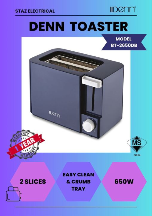 Denn Toaster 2 Slide With Cover (BT-2650DB) | Lazada