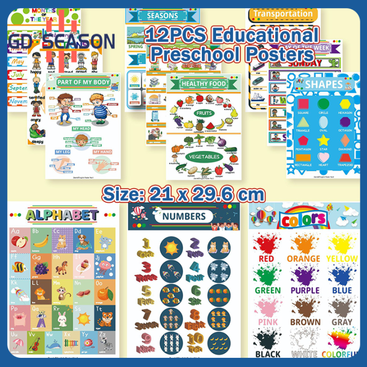 12PCS Educational Preschool Posters Charts for Preschoolers Toddlers ...