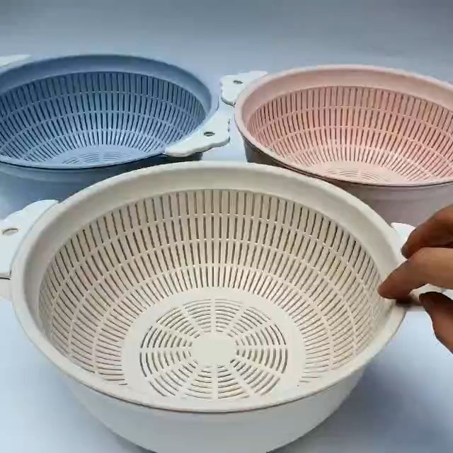 Bộ thau rổ nhựa rửa rau quả hình tròn màu pastel có tay cầm và lỗ xỏ ...