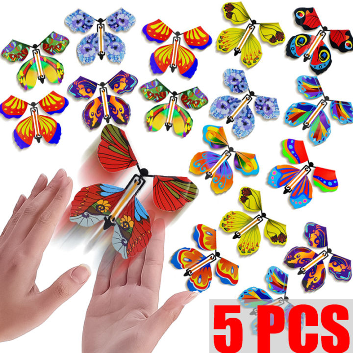 5Pcs Magic Flying Butterfly Wind Up Toy In The Sky Funny Rubber Band ...