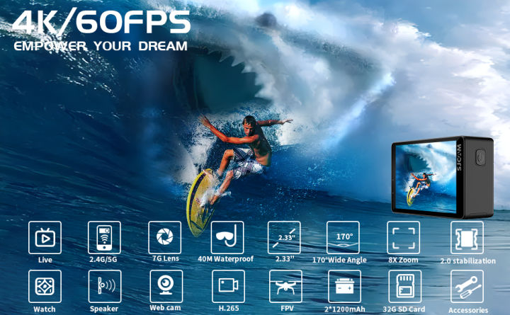 SJCAM SJ8Pro 4K60fps Action Camera, 2‘’ Touch Screen 170° FOV, 8X Zoom, 6-aixs Stabilization, 5G ...