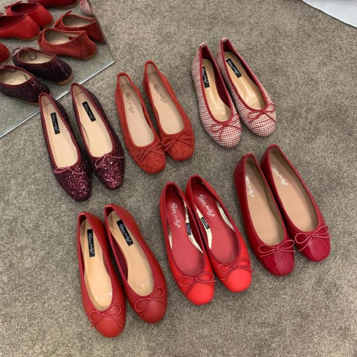 Red Flat Bottom Women's Shoes Butterfly Knot Slip-On Ballet Style ...