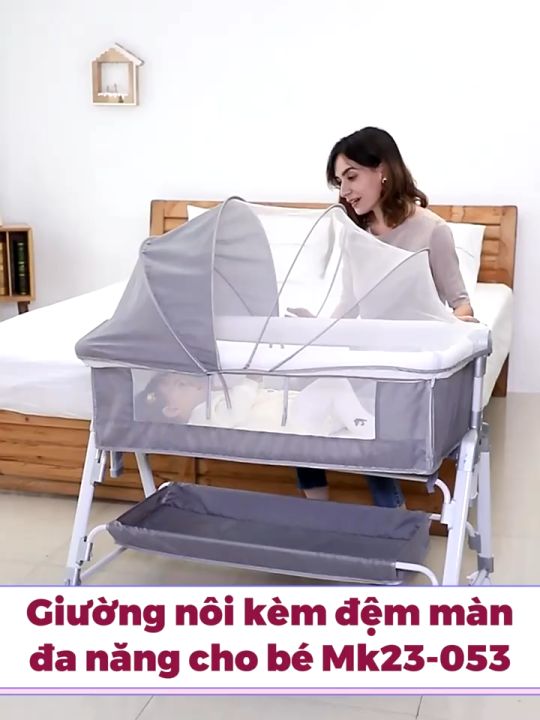 Nôi ghép giường cho bé Mumkid đa năng có thể gập lại tháo rời di động, nôi tùy chỉnh độ cao ...