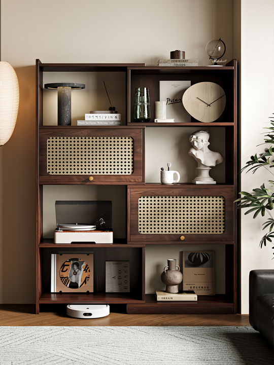 Retro Bookshelf Integrated Wall Solid Wood Square Plaid Retractable ...