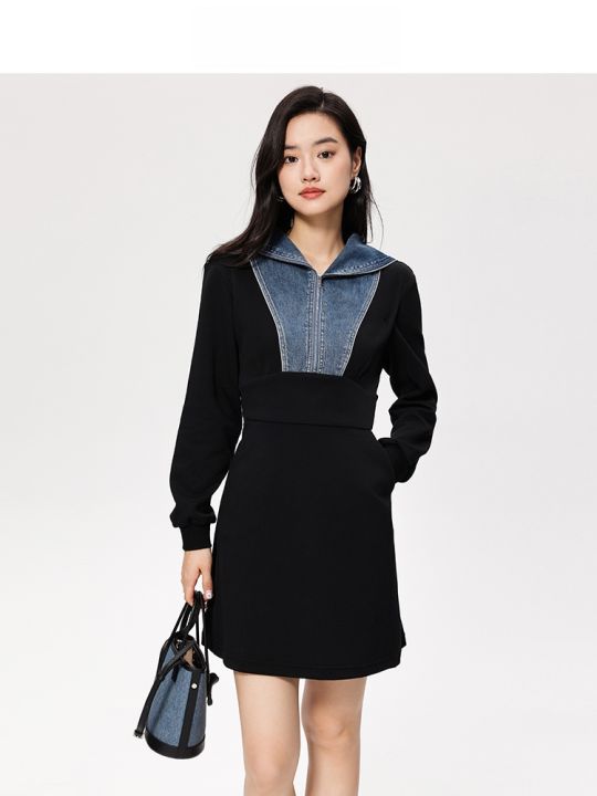 Peoleo ฤดูใบไม้ผลิ 2024 ผู้หญิง เดนิม งานเย็บปะติดปะต่อ เดรส ซิป ไหล่ ...