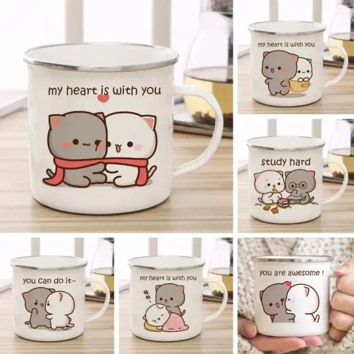 New Peach and Goma Cat Enamel Cup Coffee Tea Mug Cute Bubu Dudu Cartoon ...