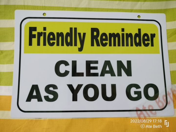Friendly reminder Clean as you go Signage PVC Plastic (Like ID) 7.8x11 ...