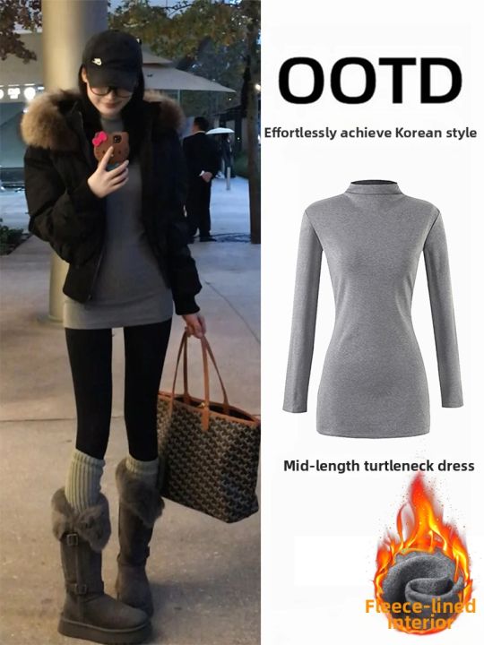 ZUKUN | Gray Semi High Collar Mid-Length Warm Lined Under Top Slim Fit ...
