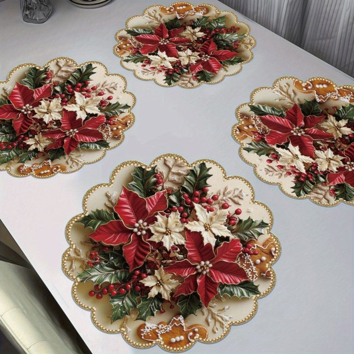 VIKAMA 4PC Christmas Mat with Red and White Colors Holly Leaves Berries ...