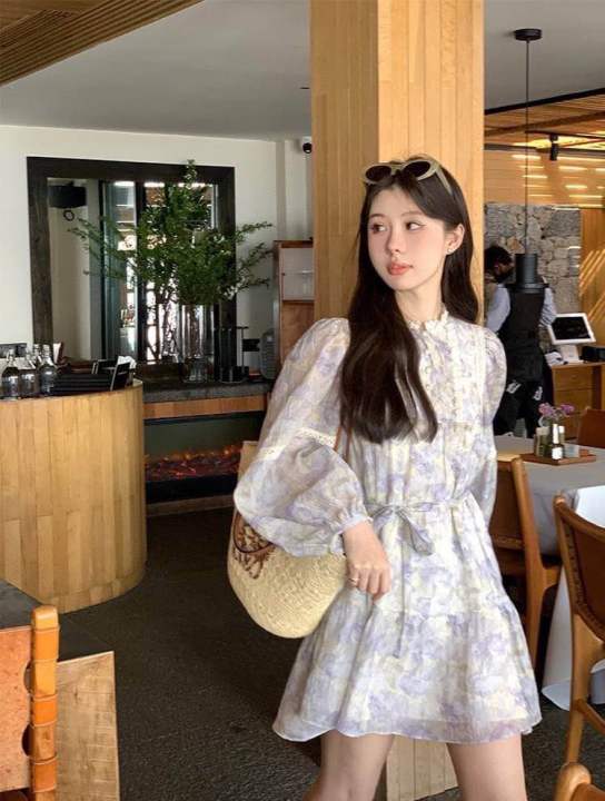 ป้าย wgwe เดรสสไตล์สาวหวาน ลายดอก แต่งผ้าลูกไม้ ติดกระดุมมุกด้านหน้า ...