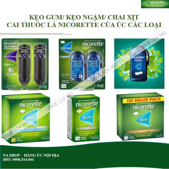 SẢN PHẨM KẸO NGẬM/ KẸO GUM/ CHAI XỊT CAI THUỐ.C LÁ NICORETTE CỦA ÚC CÁC ...
