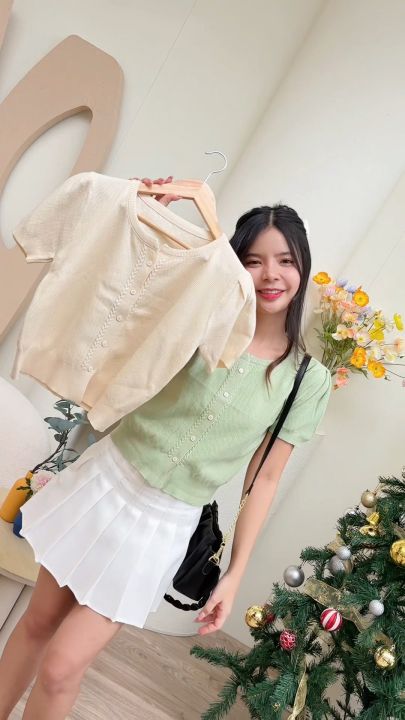 CL-031 เสื้อครอป แขนสั้นกระดุม แฟชั่นสไตล์เกาหลี | Lazada.co.th