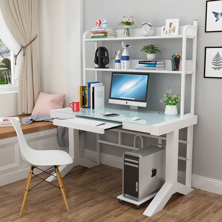 Simple Modern Tempered Glass Computer Desk Desktop Home Desk Bookshelf ...