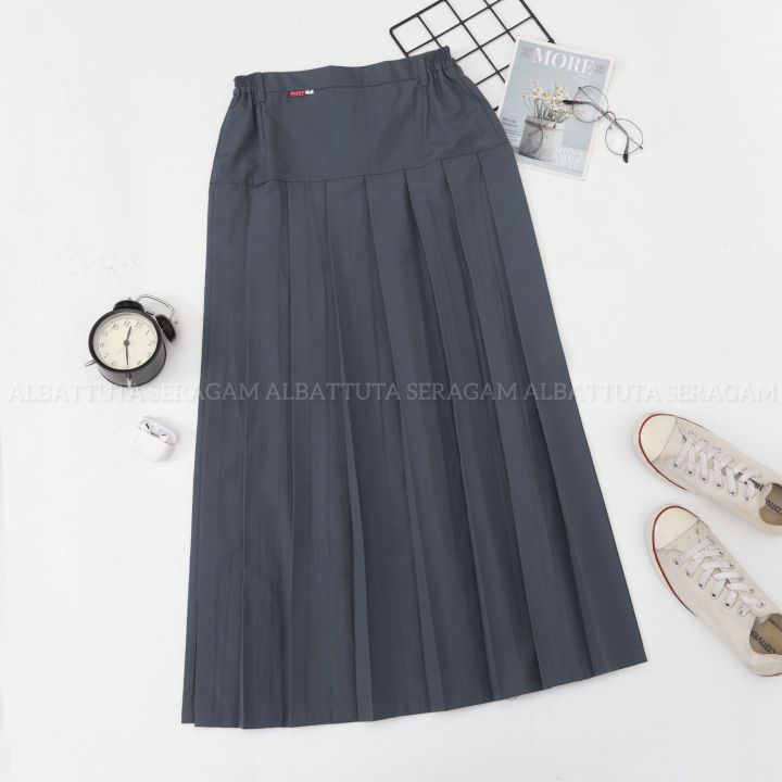 Dealba Seragam Rok seragam sekolah SMA abu abu panjang rempel lipit bawah pinggang pinggul ...