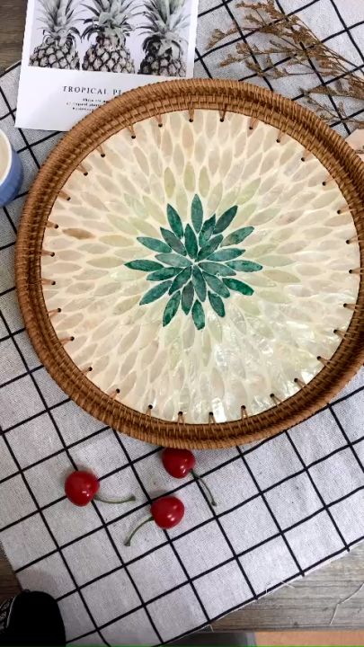 Khay mây khảm trai đường kính 40cm, Khay trang trí, Khay trà, Khay đựng ...