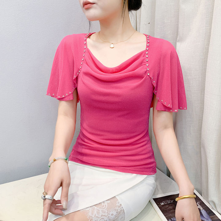 YIMEI Yimei เสื้อยืดผู้หญิง,ใหม่เสื้อลายตาข่ายสองชิ้นปลอมสำหรับฤดูร้อน ...