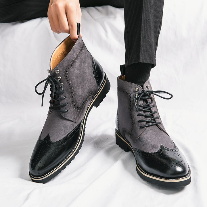 Men Dress Boots Classic Brogue Wingtip Lace-up High Ankle Business ...