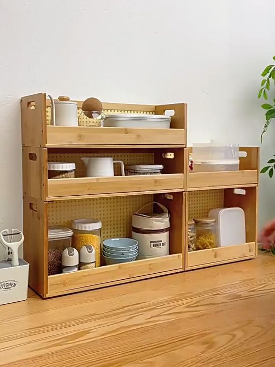 Bamboo Stackable Storage Rack 35/50CM Desktop Rattan Bookshelf Rak ...