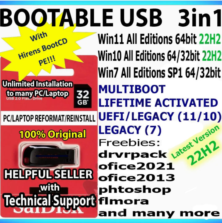 BOOTABLE USB INSTALLER WIN 7,10,11 WITH HIRENS ALL ONE With APPS ...
