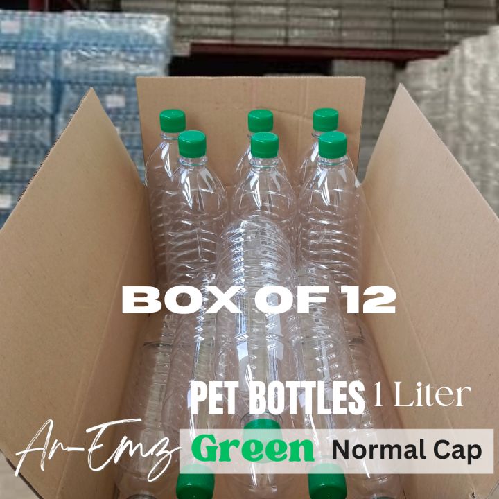 Ar-Emz Box of 12 Empty Clear Plastic Bottles With Green Normal Cap For ...