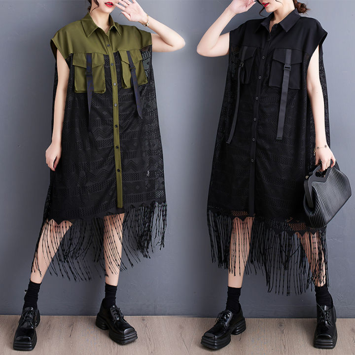 plus Size Lace Shirt Dress Women's Summer Fashion Color Block Mesh ...