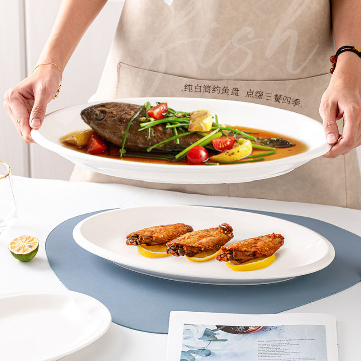 Large Size Ceramic Fish Plate Steamed Fish Dish Pure White Oval Shape ...