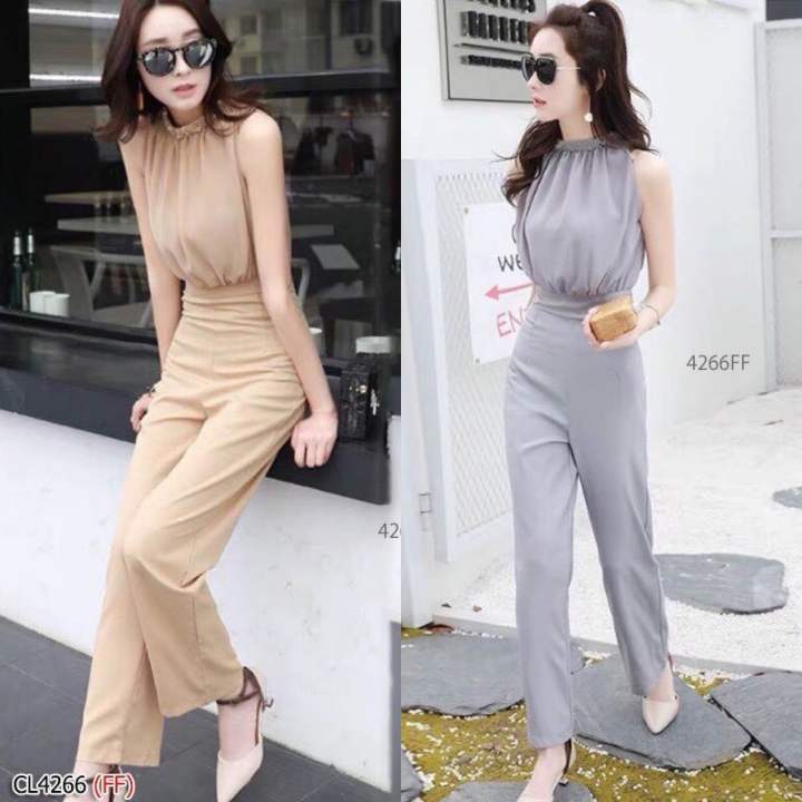 8487 จั้มสูทคอเต่า ขายาว แขนกุด สีพื้นเรียบ ช่วงคอยืดจับจีบเพิ่มความโด่ ...