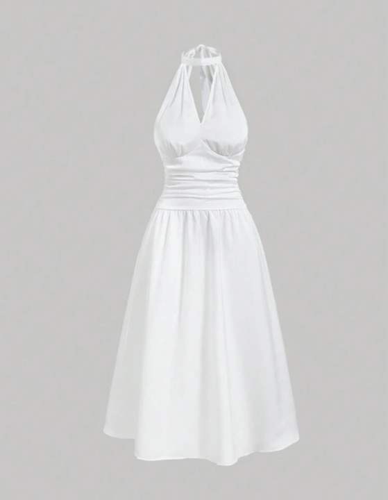 SHE IN MOD Keyhole Front Ruched Detail Shirred Back Halter Dress ...