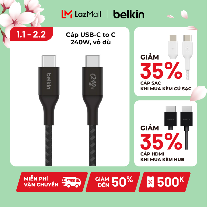 Cáp sạc nhanh Belkin USB C - C vỏ dù, công suất 240W, USB-C PD3.1, 2 mét | Lazada.vn