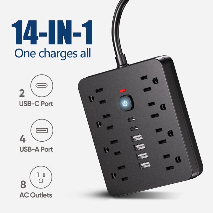 1 PC 14-in-1 power strip with surge protector, 8 AC ports, 4 USB ports ...