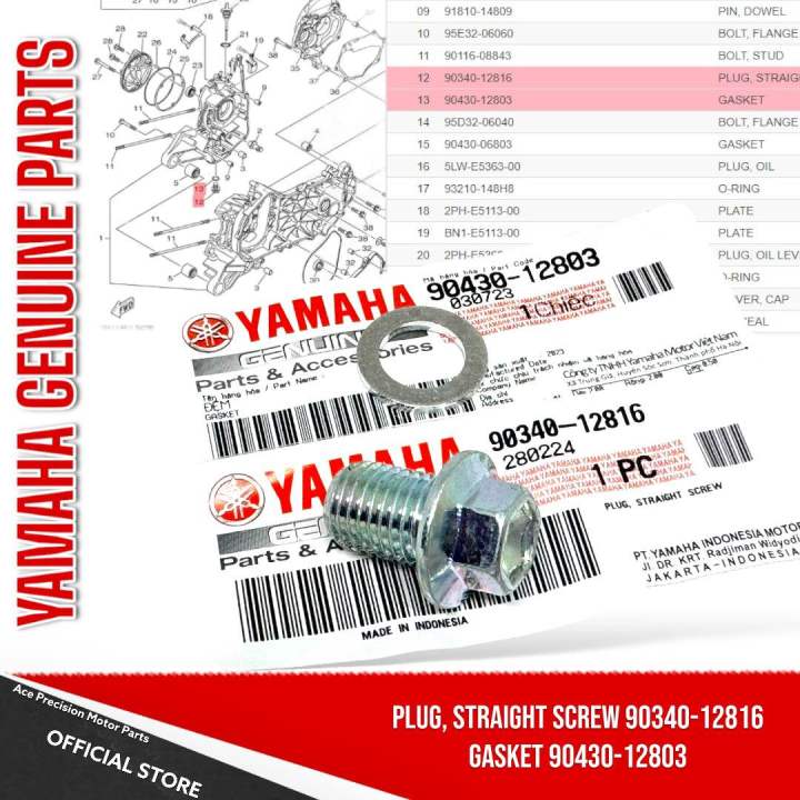 Yamaha Genuine Plug Straight Screw 90340-12816 | Gasket 90430-12802 Mio ...