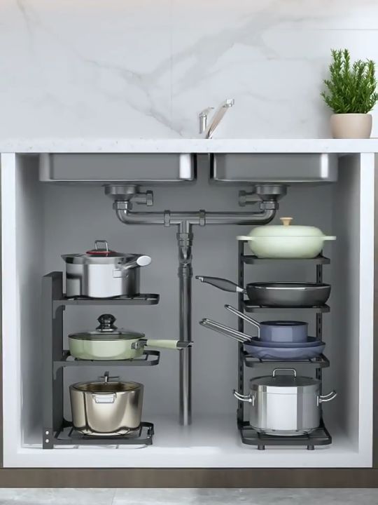 Kitchen Adjustable Rack Under Sink Pot Organizer Cabinet Rack Carbon ...