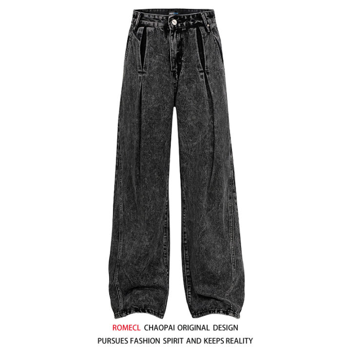 ROMECL อินเทรนด์สไตล์อเมริกันวินเทจล้างทําความสะอาดได้กางเกงยีนส์ขา ...