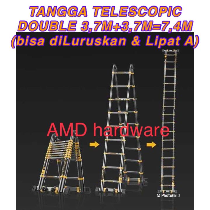 Tangga Telescopic Teleskopik Tangga Double Ledder 3,7MX3,7M Bisa lurus Total 7.4M Aluminium 3.7M ...