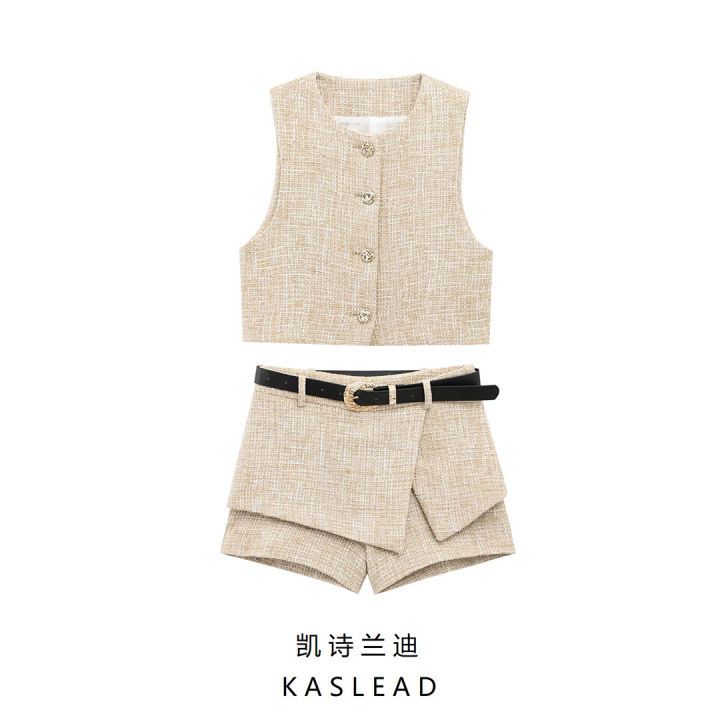 KASLEAD เสื้อกั๊กแขนกุดลายทางและกางเกงขาสั้นทรงไม่สมมาตรสำหรับผู้หญิง ...