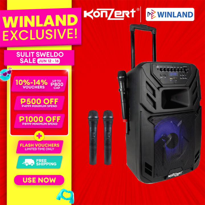 Konzert by Winland PA-15 15" Portable Rechargeable Trolley Speaker w/ 2 ...