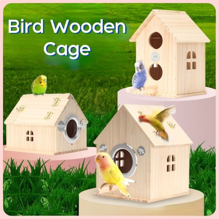 Parrot Bird Box Small Wooden Round Bird Cage Pet Bird Toy Nest Solid ...