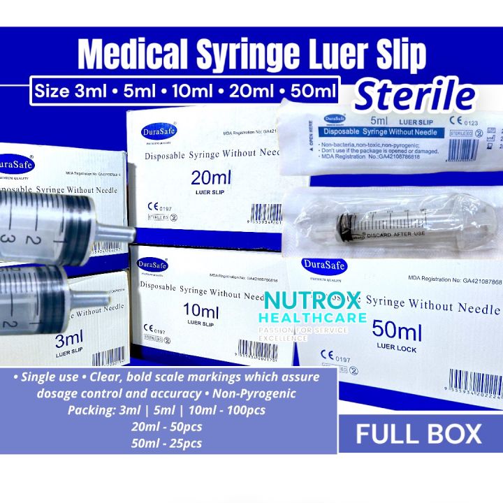 FULL BOX DURASAFE Luer Slip Syringe Without Needle,Picagari Tanpa Jarum,3ml/5ml/10ml/20ml/50ml ...