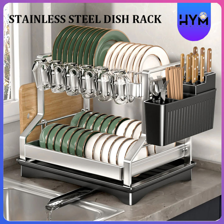 HYM Dish Rack Stainless Steel With Drainer Organizer Cabinet Kitchen ...