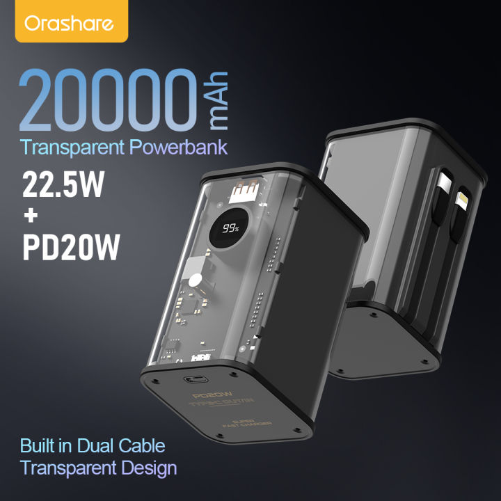 Orashare OT20CL 20000mAh Powerbank With Built-in Cable Transparent ...