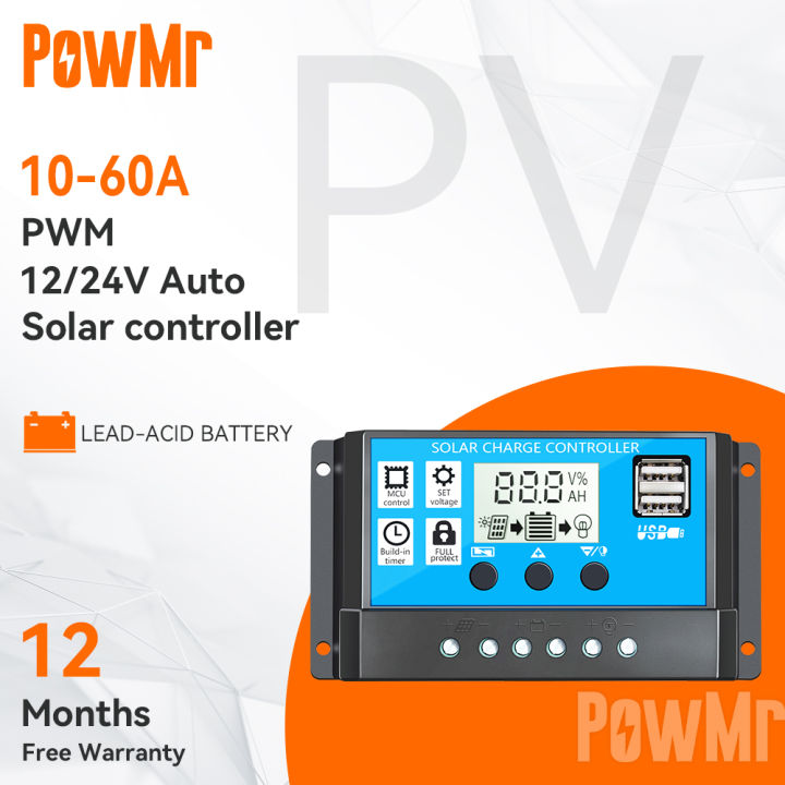PowMr 10A 20A 30A 40A 50A 60A PWM Solar Charger Controller 12V 24V Battery Charger LCD Dual USB ...