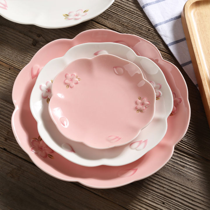 Japanese-Style Cherry Pink Embossed Ceramic Plate Household Meal Tray ...