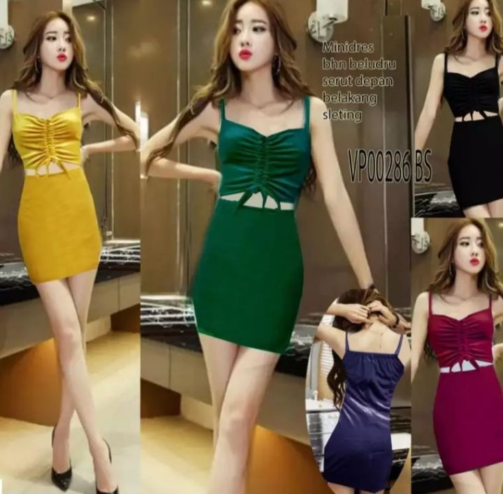 Mini Dress Bahan Bludru Serut Depan | Lazada Indonesia