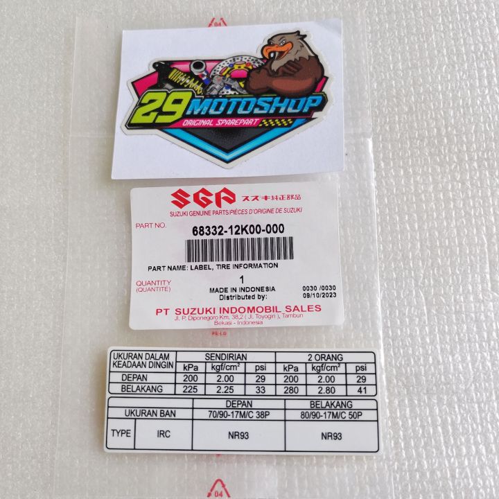 Stiker Label Tekanan Ukuran Ban Satria Fu Fi Injeksi Original SGP ...