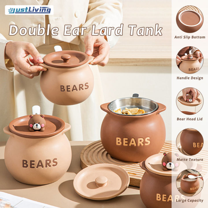 JustLiving Durable High-Temperature Ceramic Lard Jar with Dual Handles ...