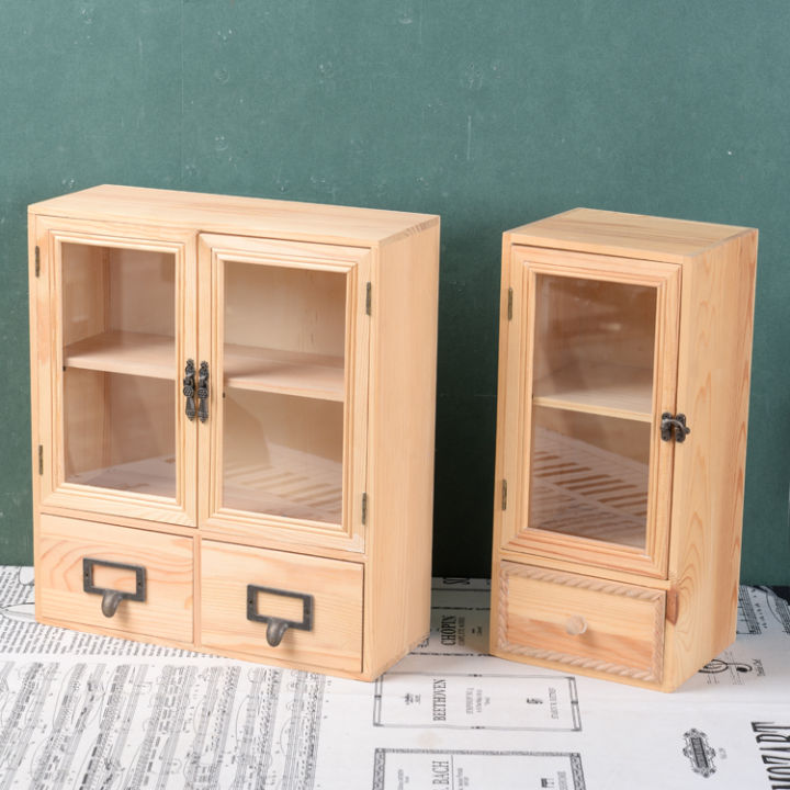Zakka Diy Vintage ไม้ Desktop Organizer ตู้ลิ้นชักเครื่องสําอางแก้วประตูตู้สําหรับ Home ...